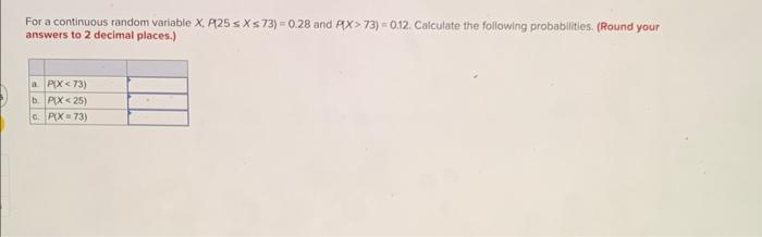 Solved For a continuous tandom variable X,P.25≤X≤73)=0.28 | Chegg.com