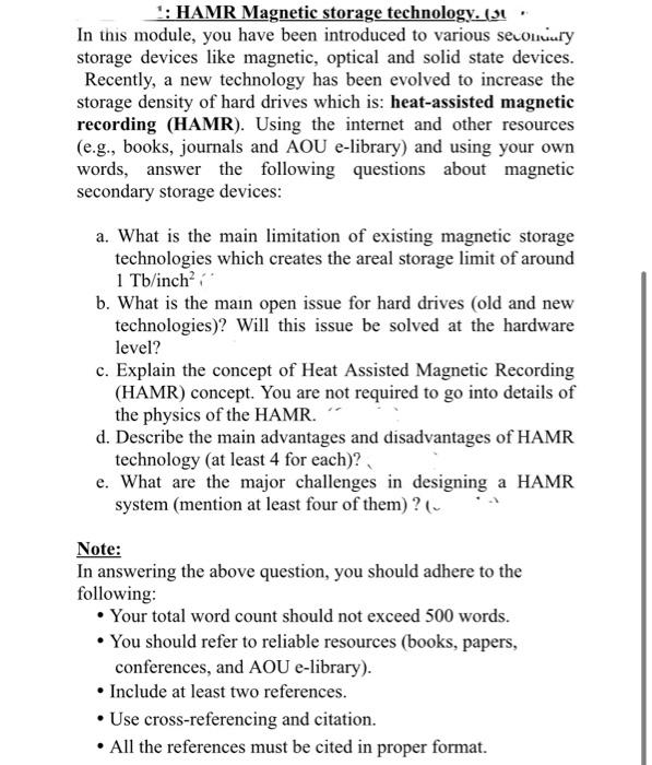 Solved 1: HAMR Magnetic storage technology. (3! In this | Chegg.com