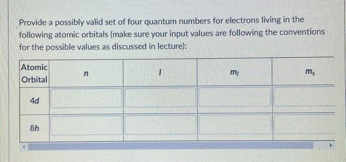 Solved Provide a possibly valid set of four quantum numbers | Chegg.com