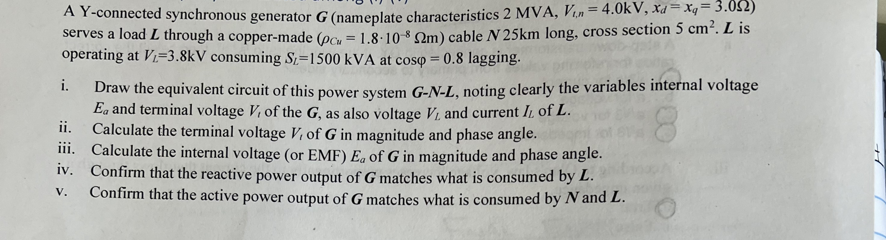 Solved A Y-connected synchronous generator G (nameplate | Chegg.com