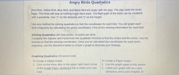 Solved Angry Birds Quadratics Red Bird, Yellow Bird, Blue | Chegg.com