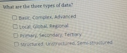 Solved What are the three types of data?Basic, Complex, | Chegg.com