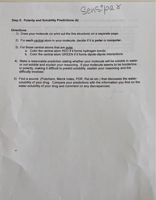 Solved Sensipar Step 5: Polarity and Solubility Predictions | Chegg.com