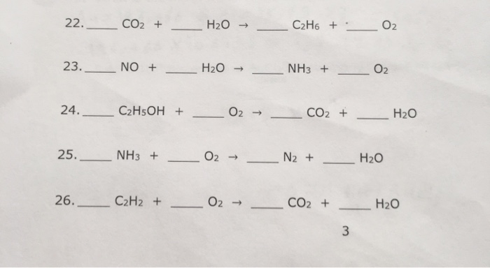 Solved 22 CO2 + H20 C2H6 O2 23. NO + H20 NH3 + O2 24. | Chegg.com