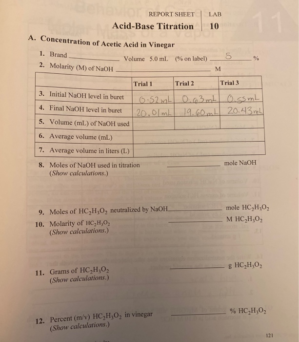 REPORT SHEET LAB Acid-Base Titration 10 A. | Chegg.com
