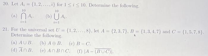 Solved 20. Let Ai={1,2,…,i} for 1≤i≤10. Determine the | Chegg.com