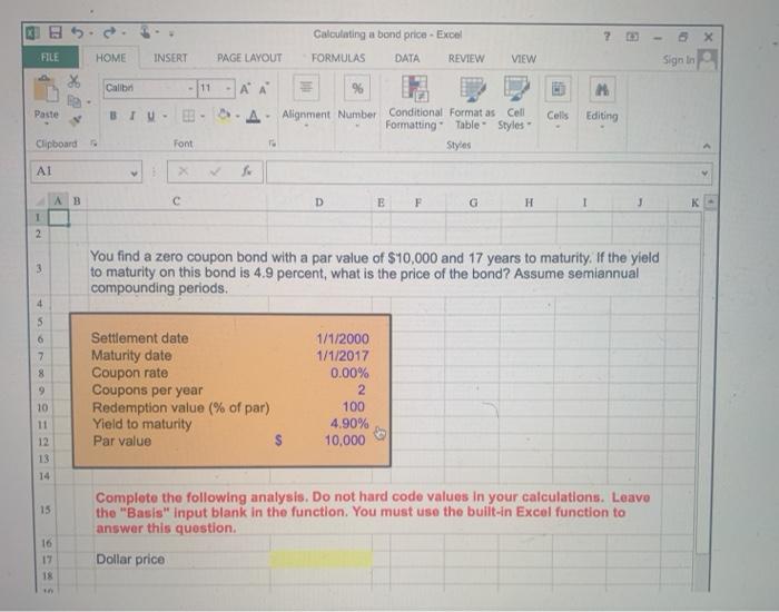 Solved Calculating A Bond Price Excel 73 X File Home