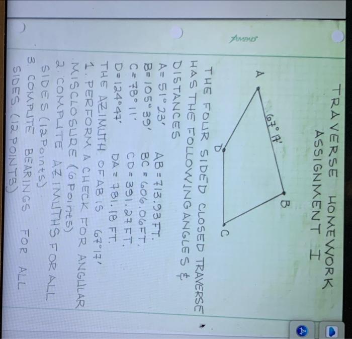 Solved Traverse Homework Assignment I The Four Sided Closed