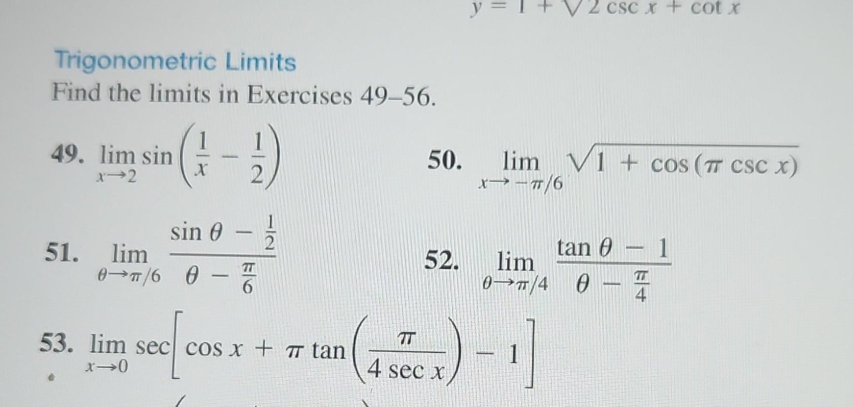 Solved Trigonometric Limits Find The Limits In Exercises