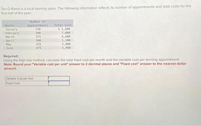 Solved Tan-O-Rama is a local tanning salon. The following | Chegg.com