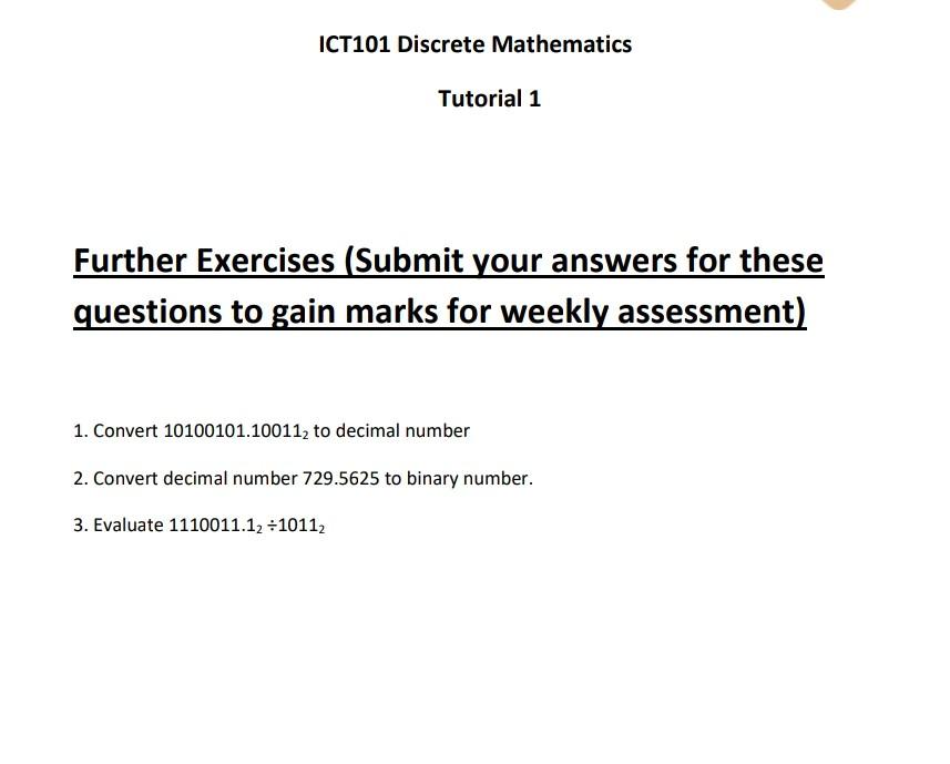 Solved ICT101 Discrete Mathematics Tutorial 1 Further | Chegg.com