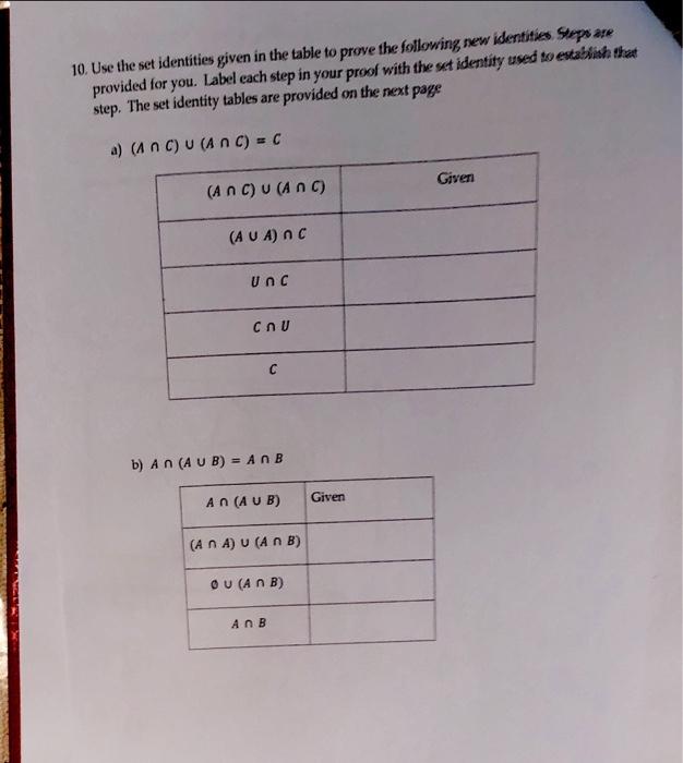 Solved 10. Use the set identities given in the table to | Chegg.com