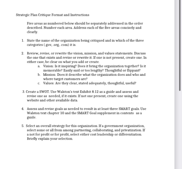 Solved Strategic Plan Critique Format and InstructionsFive | Chegg.com