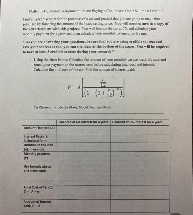 Solved Math 1324 Signature Assignment: "I am Buying a Car. | Chegg.com