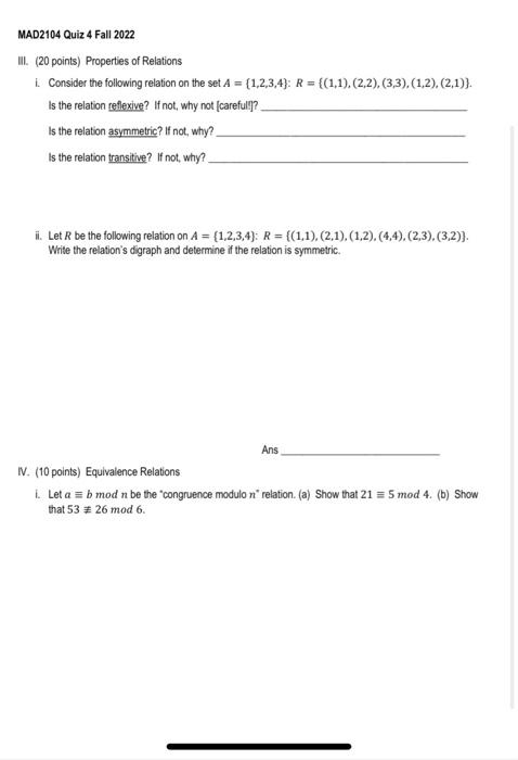 Solved MAD2104 Quiz 4 Fall 2022 III. (20 points) Properties | Chegg.com