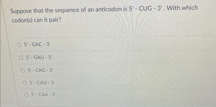 Solved Suppose that the sequence of an anticodon is 5' - CUG | Chegg.com