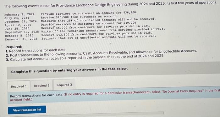 Solved The following events occur for Providence Landscape | Chegg.com