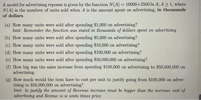 Solved model for advertising response is given by the | Chegg.com