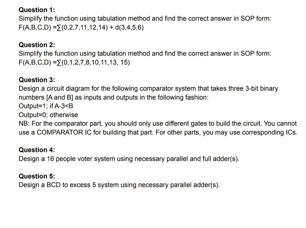 Solved Question 1: Simplify the function using tabulation | Chegg.com