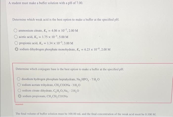 Solved A student must make a buffer solution with a pH of | Chegg.com