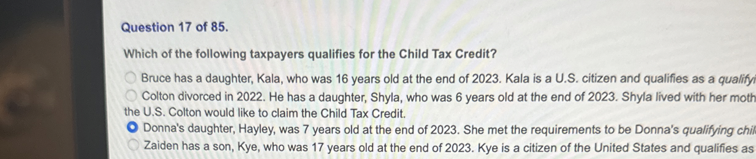 Solved Question 17 ﻿of 85.Which of the following taxpayers | Chegg.com