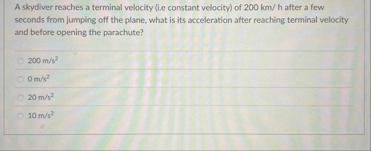 Solved A skydiver reaches a terminal velocity (i.e constant | Chegg.com