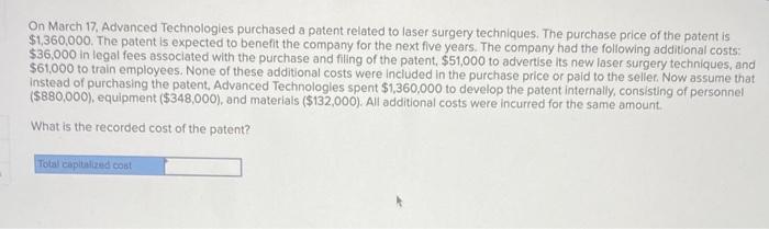 Solved On March 17, Advanced Technologies purchased a patent | Chegg.com