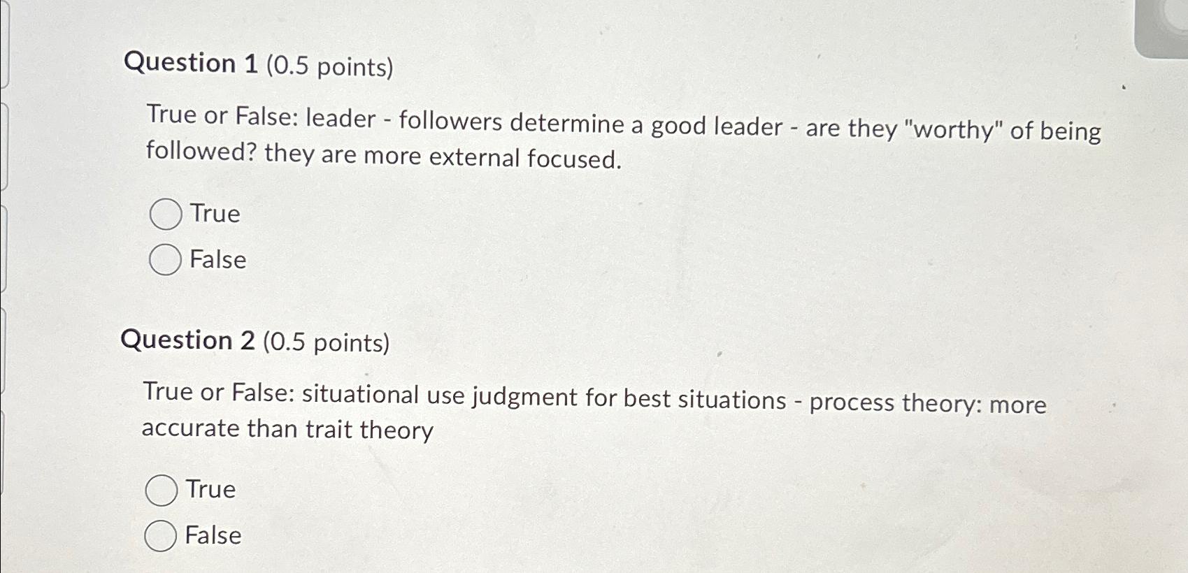 Solved Question 1 (0.5 ﻿points)True or False: leader - | Chegg.com