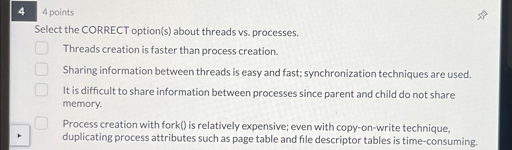 Solved 44 ﻿pointsSelect the CORRECT option(s) ﻿about threads | Chegg.com
