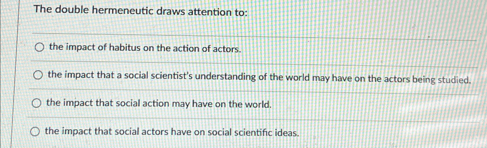 Solved The double hermeneutic draws attention to:the impact | Chegg.com