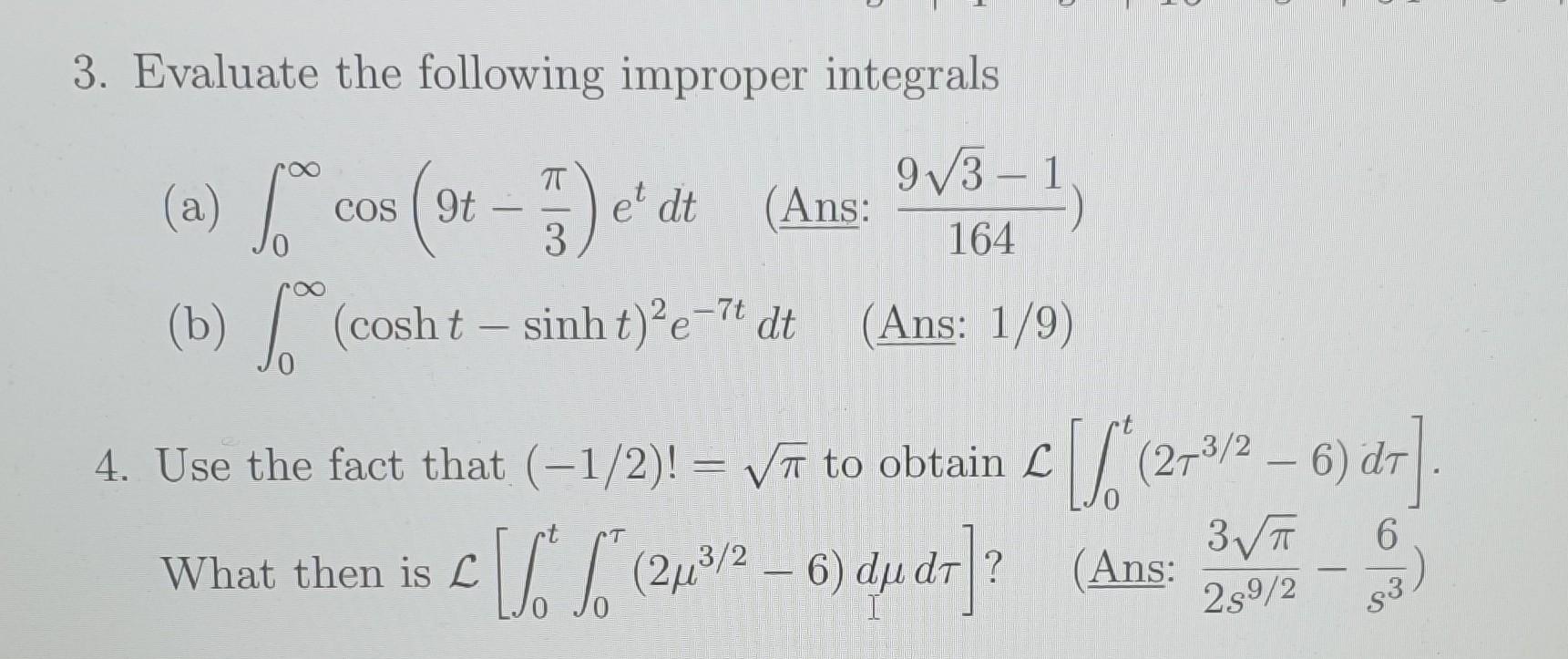 Solved 3. Evaluate the following improper integrals (a) \\( | Chegg.com