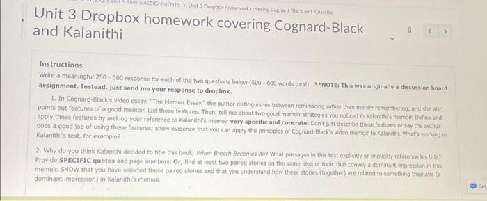 Unit 3 Dropbox homework covering Cognard-Black and | Chegg.com