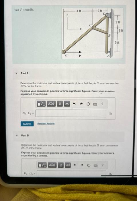 Solved P=660lb Part A Determine the horizontal and vertical | Chegg.com