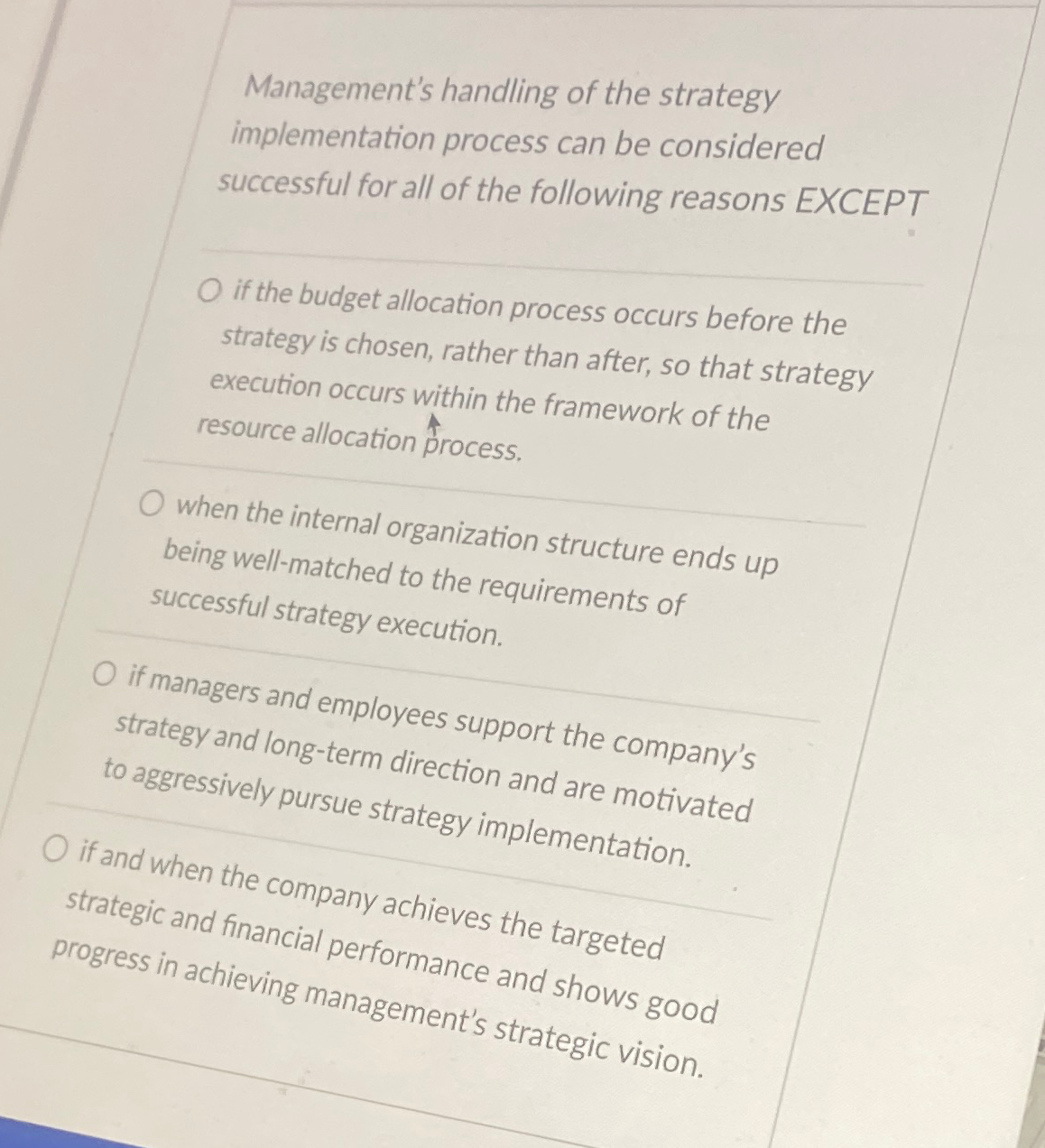 Solved Management's handling of the strategy implementation | Chegg.com