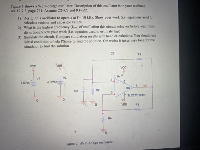 Solved Figure 1 shows a Wein-bridge oscillator. Description | Chegg.com