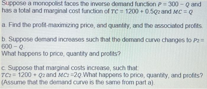 Solved Suppose a monopolist faces the inverse demand | Chegg.com