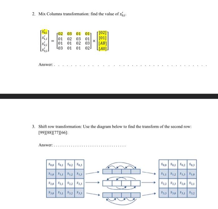 Solved 2. Mix Columns transformation: find the value of | Chegg.com