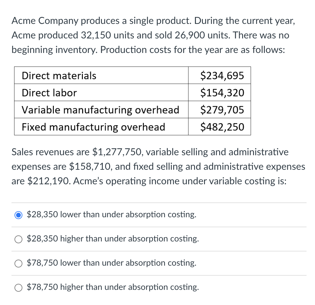 Solved Acme Company produces a single product. During the | Chegg.com