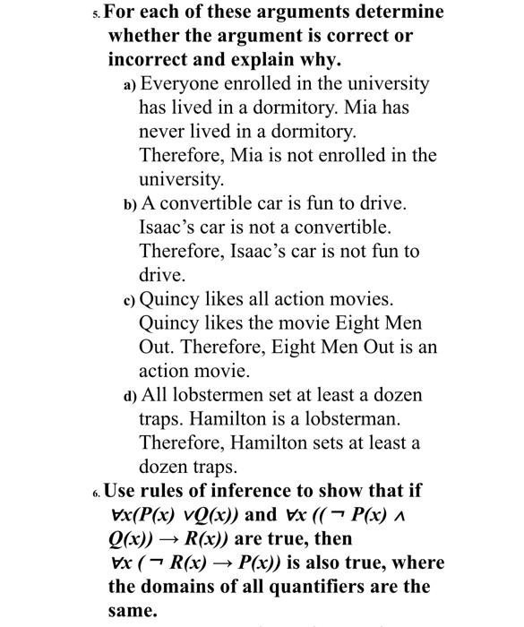 Solved 5 For Each Of These Arguments Determine Whether The