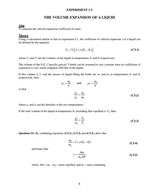 Solved EXPERIMENT C3 THE VOLUME EXPANSION OF A LIQUID Aim To | Chegg.com