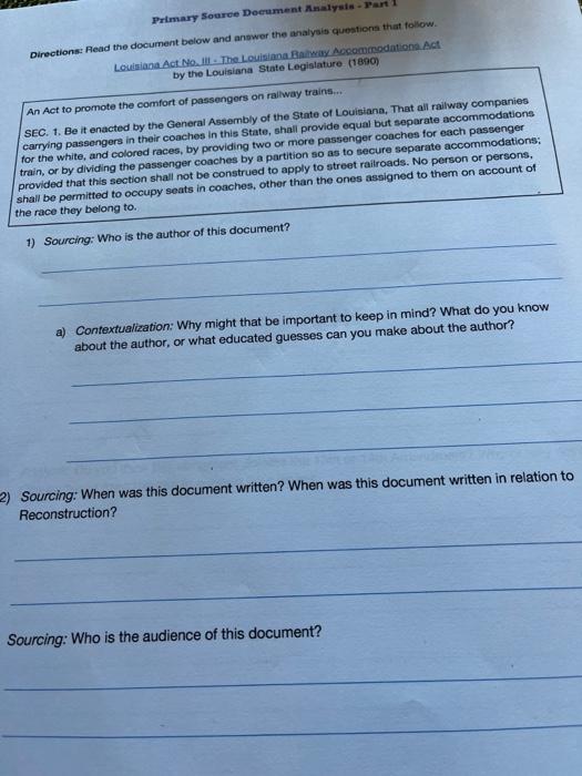 Solved Primary Source Document Analysis Part 1 Directions: | Chegg.com
