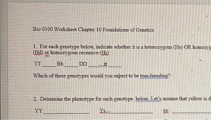 Solved Bio 0100 Worksheet Chapter 10 Foundations of Genetics | Chegg.com
