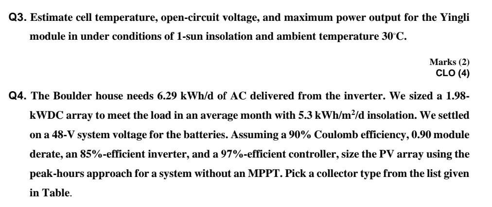 Solved TABLE Examples of PV Module Performance Data Under | Chegg.com