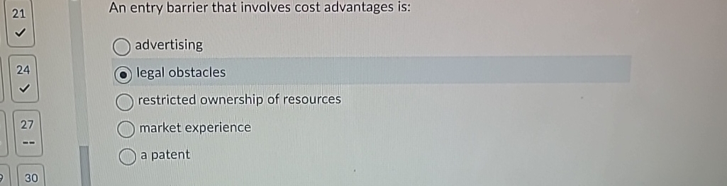 Solved 21An entry barrier that involves cost advantages | Chegg.com