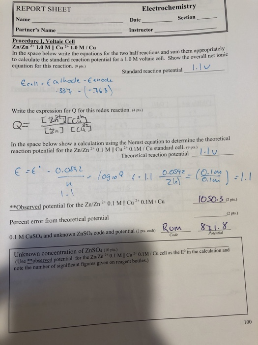 Solved REPORT SHEET Electrochemistry Date Section Name | Chegg.com
