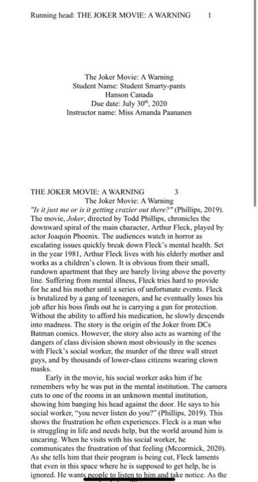 Running head: THE JOKER MOVIE: A WARNING 1 The Joker | Chegg.com
