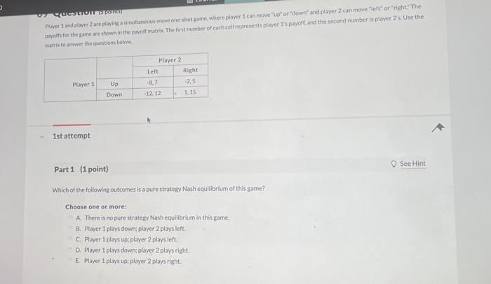 Solved Piyer 1 and plyer 2 are playing a simultaneous move | Chegg.com