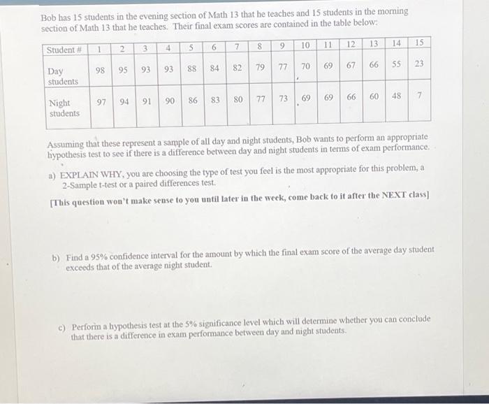 Solved Bob has 15 students in the evening section of Math 13 | Chegg.com