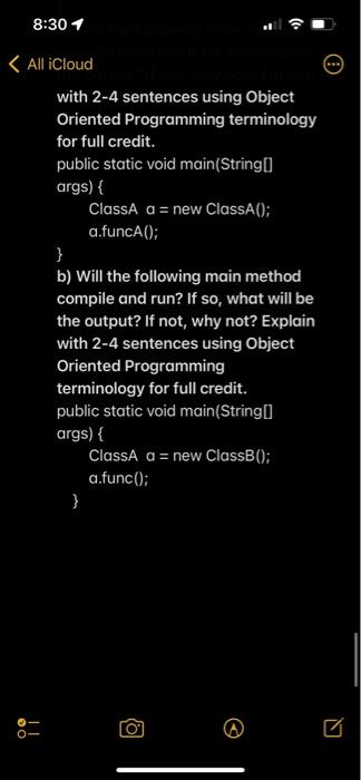 Solved All iCloud QUESTION 4 - Given two java classes ClassA | Chegg.com