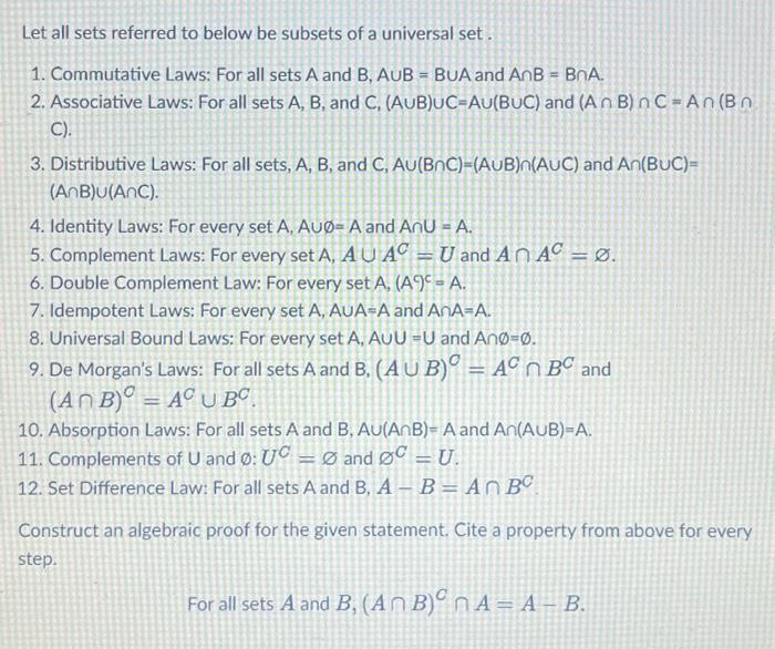Solved Let all sets referred to below be subsets of a | Chegg.com